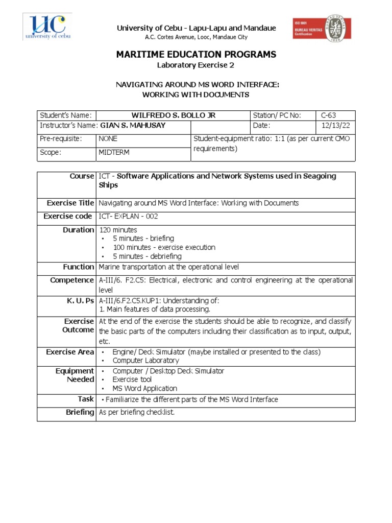 Lab Exercise 2 Navigating Around Ms Word Interface Working With ...
