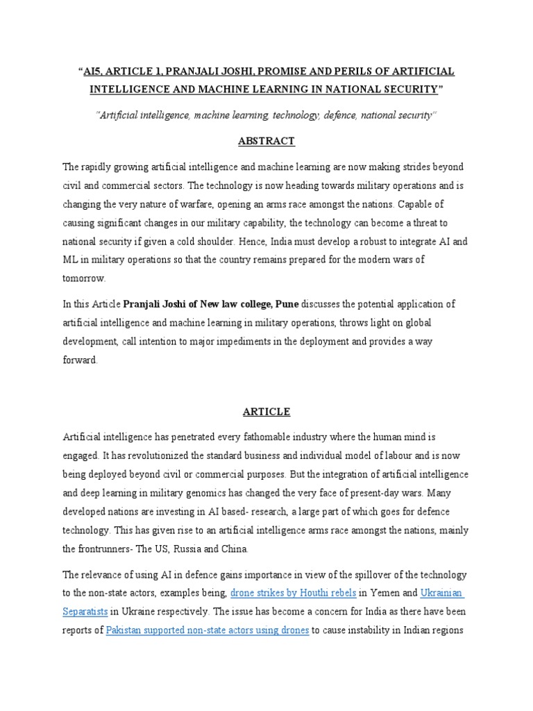 Promise And Perils Of Artificial Intelligence And Machine Learning In National Security Pdf