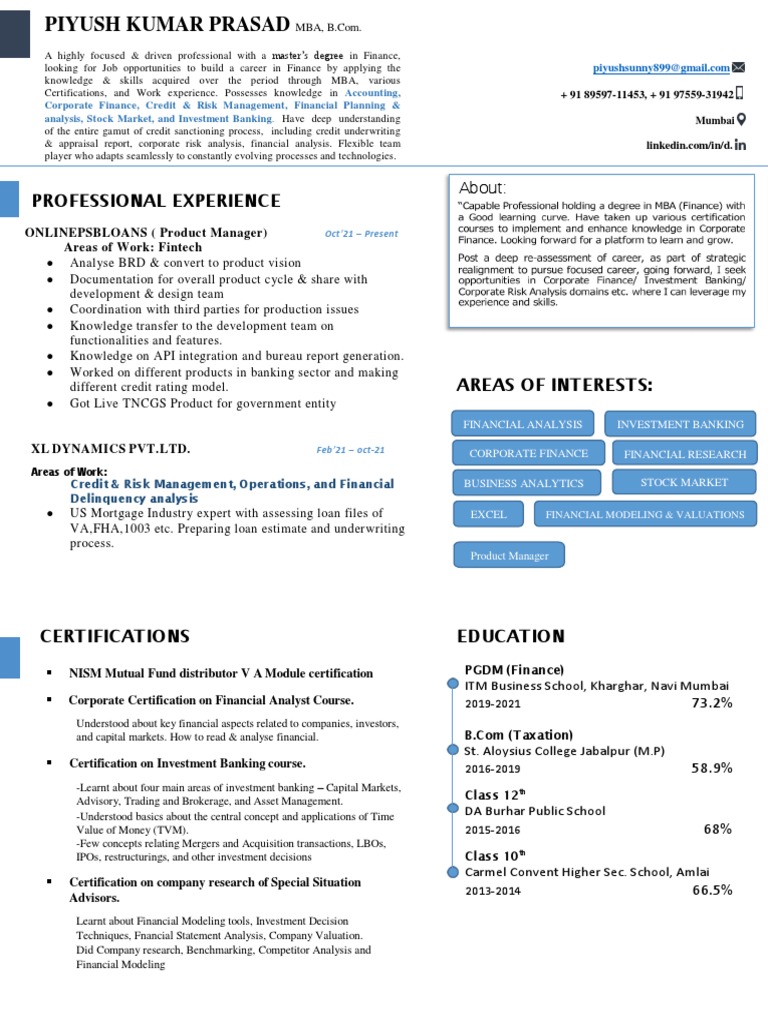 Piyush Resume (PM) | PDF | Investment Banking | Valuation (Finance)