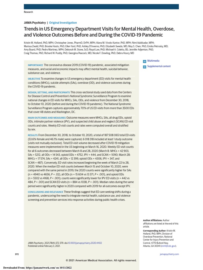 Trends in US Emergency Department Visits For Mental Health, Overdose ...