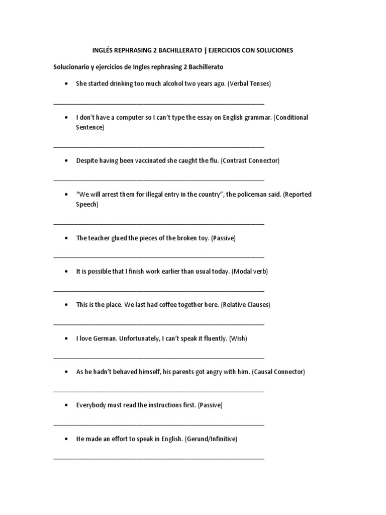 Solucionario y Ejercicios de Ingles Rephrasing 2 Bachillerato | PDF ...