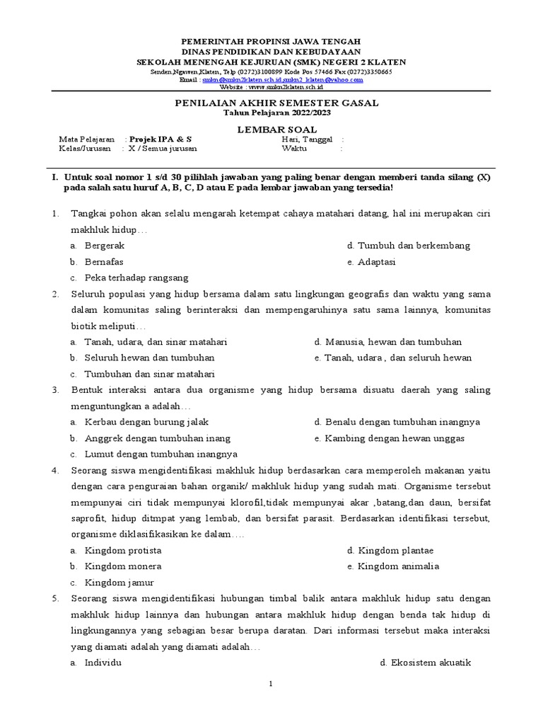 Soal Pas Projek Ipa&s X Sem Ganjil 2022 | PDF