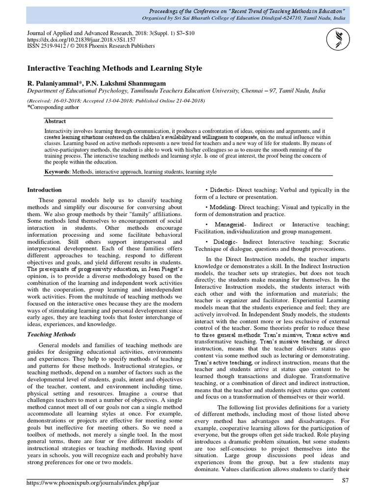Interactive Teaching Methods and Learning Style: R. Palaniyammal, P.N. Lakshmi Shanmugam | PDF ...