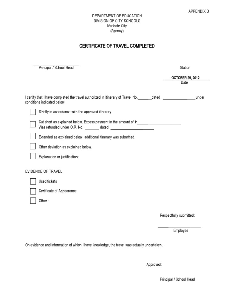 Travel Completion Certificate Template | PDF