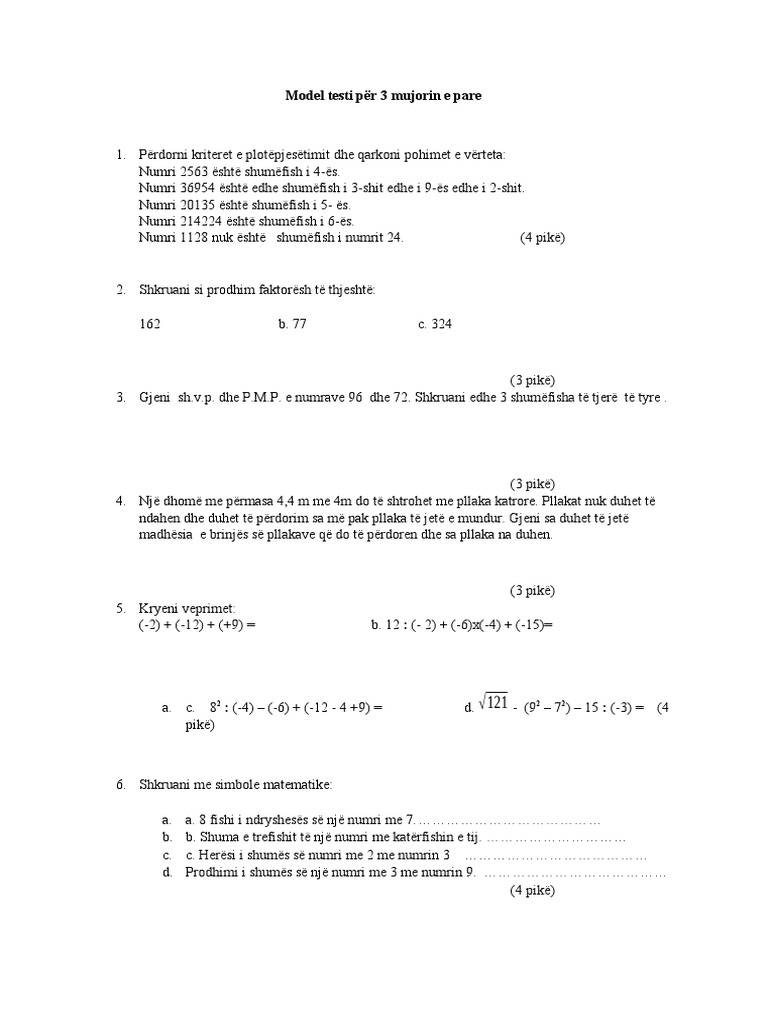3 MATEMATIKA 7 Modele Testesh Sipas 3 Mujore Ve | PDF