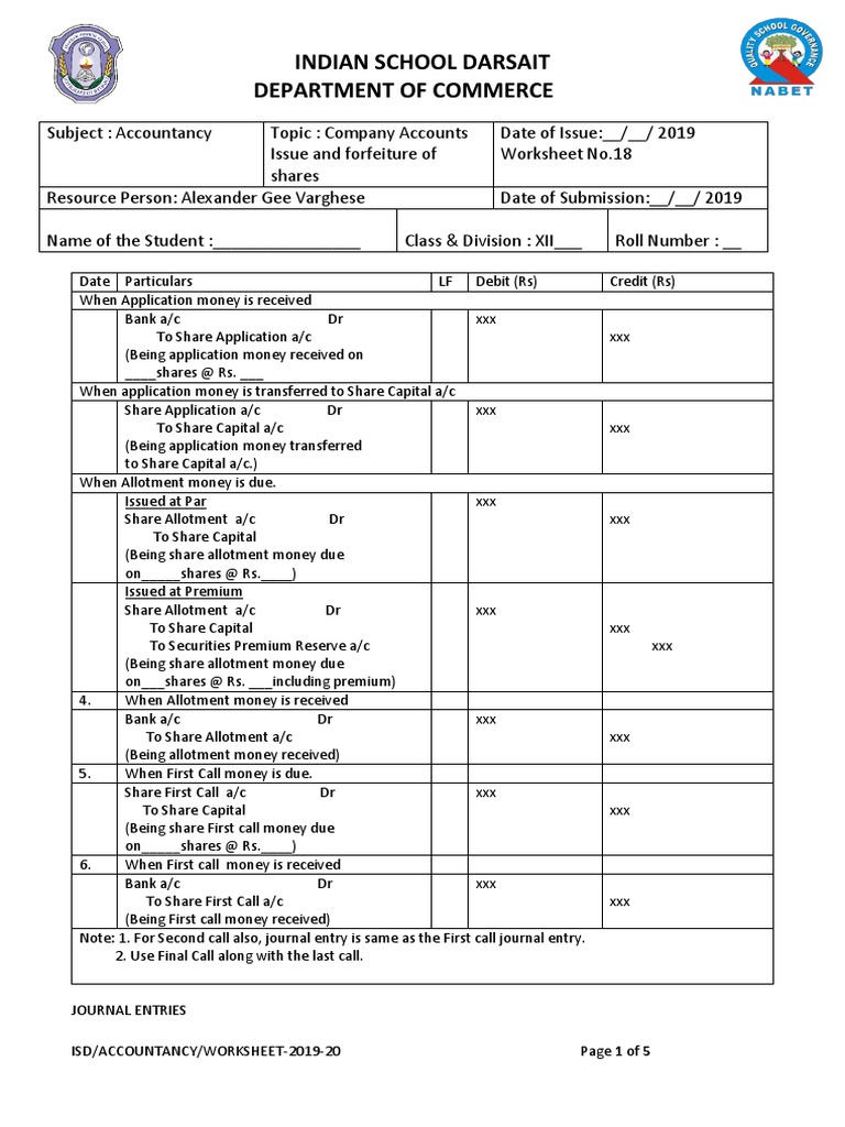 Journal Entries for Company Share Capital Transactions Involving ...