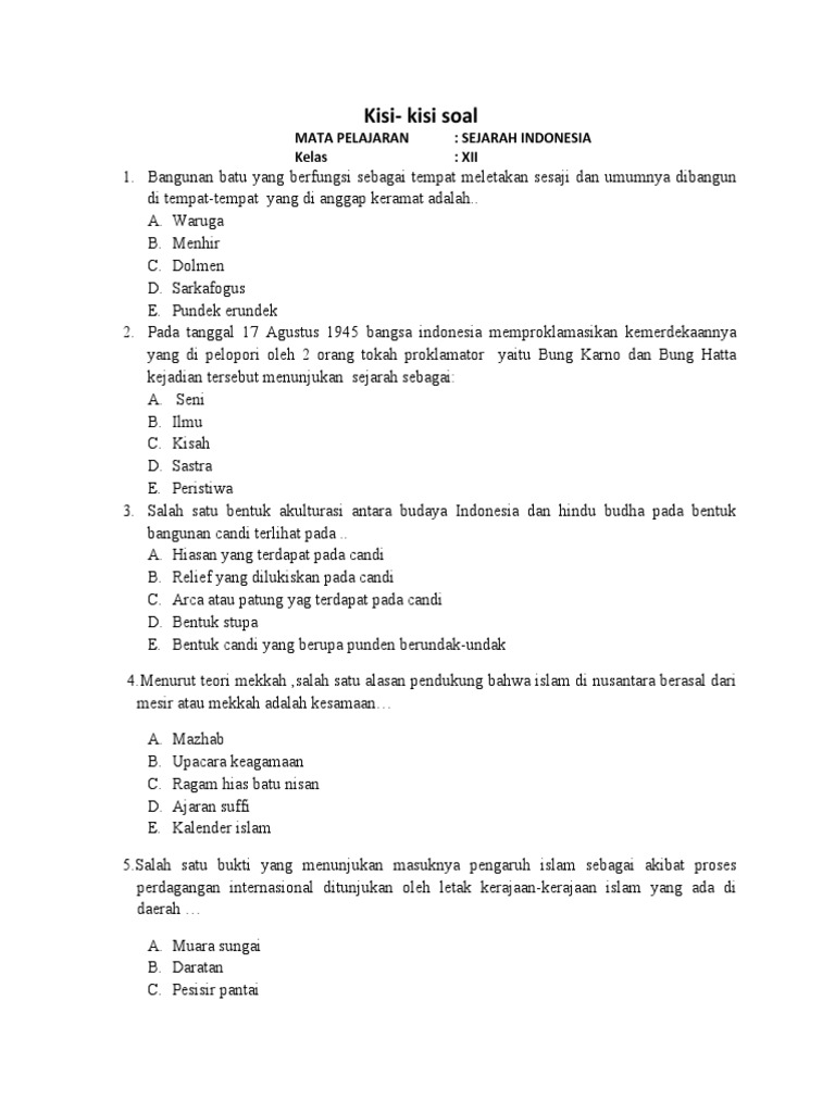 Kisi - Kisi Soal Sejarahindonesia Kelas Xii | PDF | Sejarah