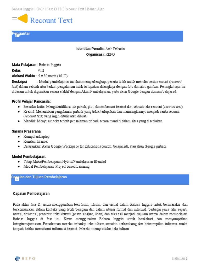 Bahasa Inggris Bahan Ajar 7 Recount Text | PDF