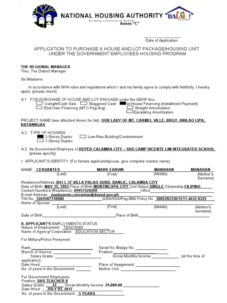 NHA - Revised GEHP Application Form | PDF | Loans
