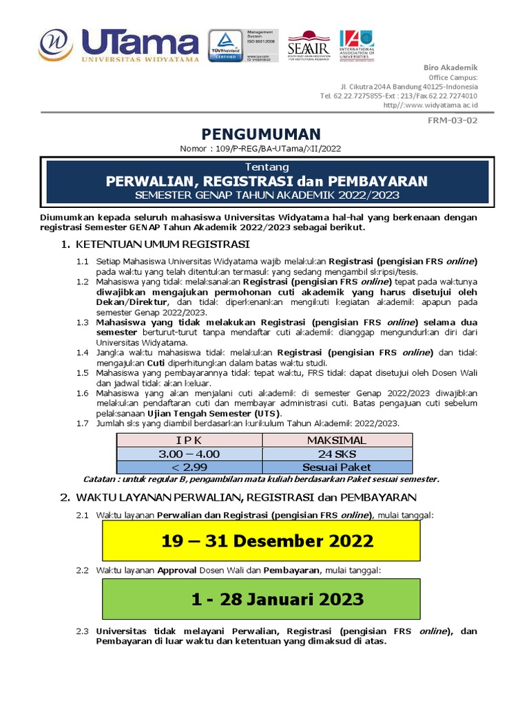 Pengumuman Masa Registrasi Semester Genap Tahun Akademik 2022-2023 | PDF | Pengelolaan Keuangan ...