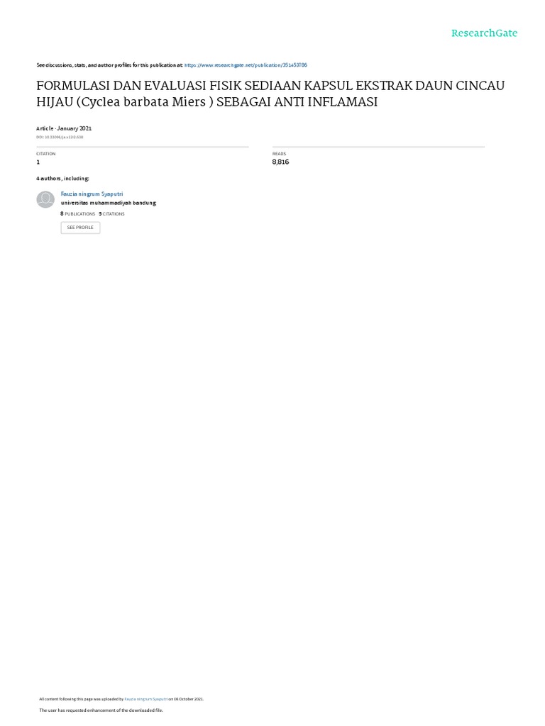 Formulasi Dan Evaluasi Fisik Sediaan Kapsul Ekstra | PDF | Chemistry
