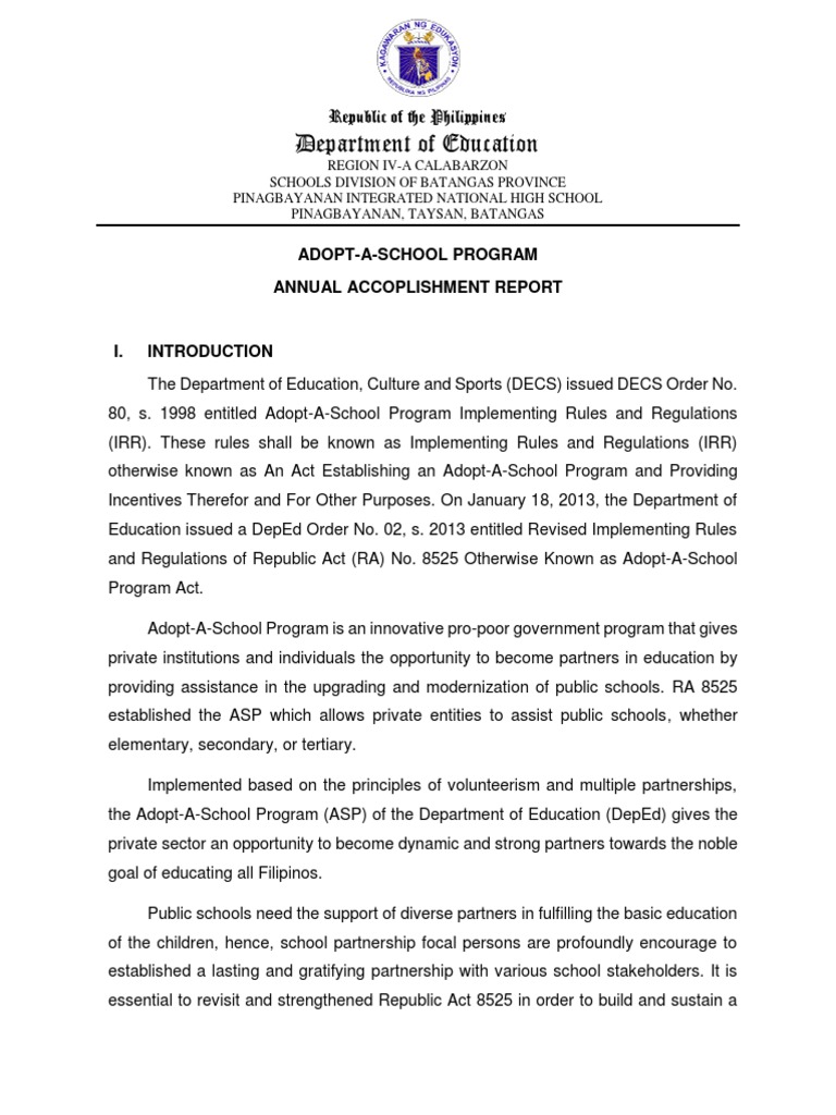 Adopt-A-School Annual Report | PDF | Philippines | Economies