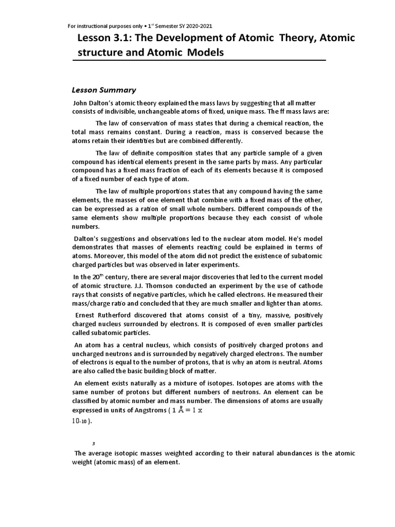 Lesson 3.1 The Development of Atomic Theory, Atomic Structure and ...