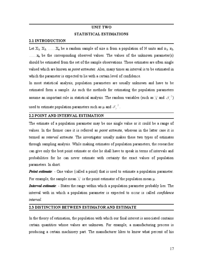 Unit 2 Statistical Estimation | PDF | Estimator | Confidence Interval