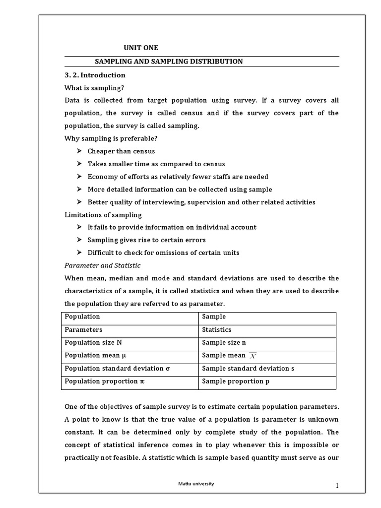 Unit One Sampling and Sampling Distribution | PDF | Type I And Type Ii Errors | Standard Error