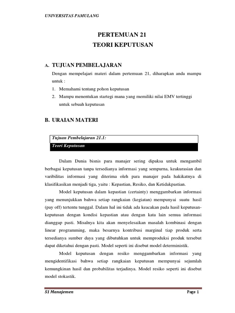 Pertemuan 21 - Teori Keputusan | PDF Pertemuan 21 - Teori Keputusan | PDF