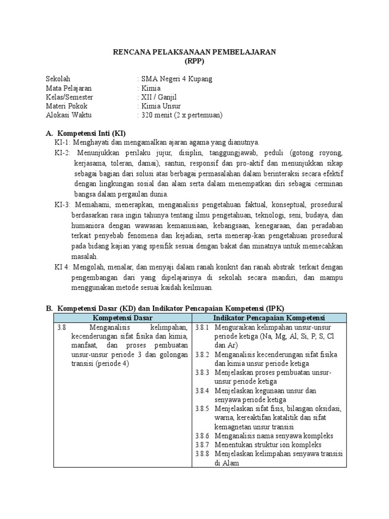 RPP Kimia SMA XII: Kimia Unsur | PDF