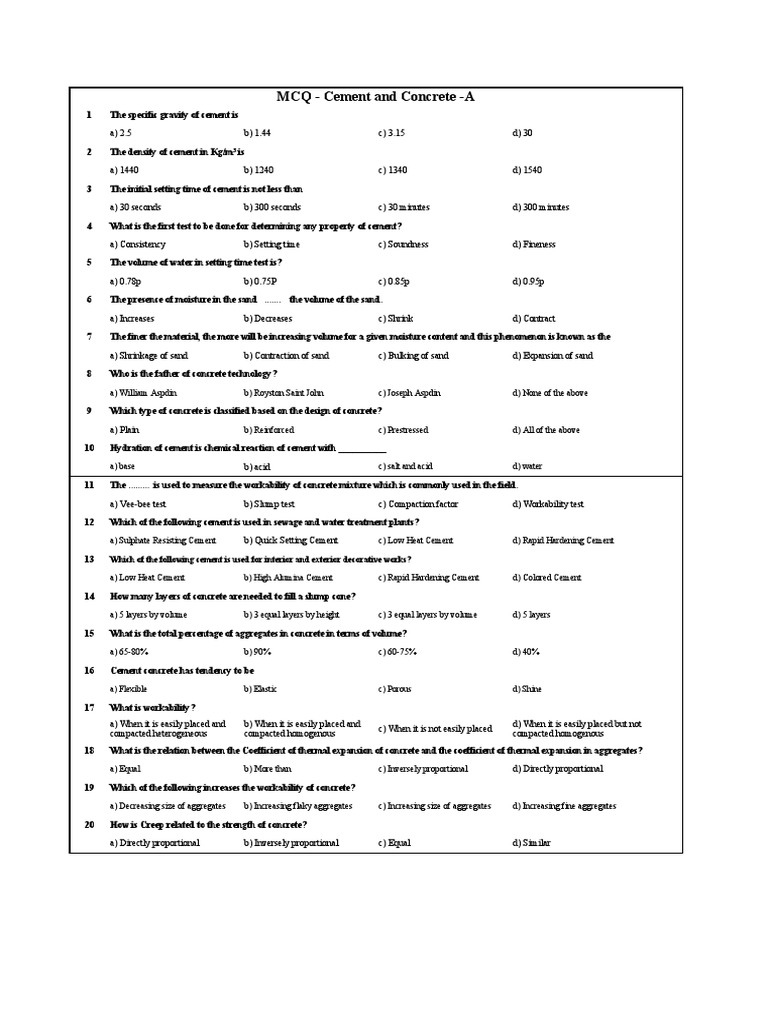 MCQ - Cement and Concrete - A | PDF | Concrete | Cement