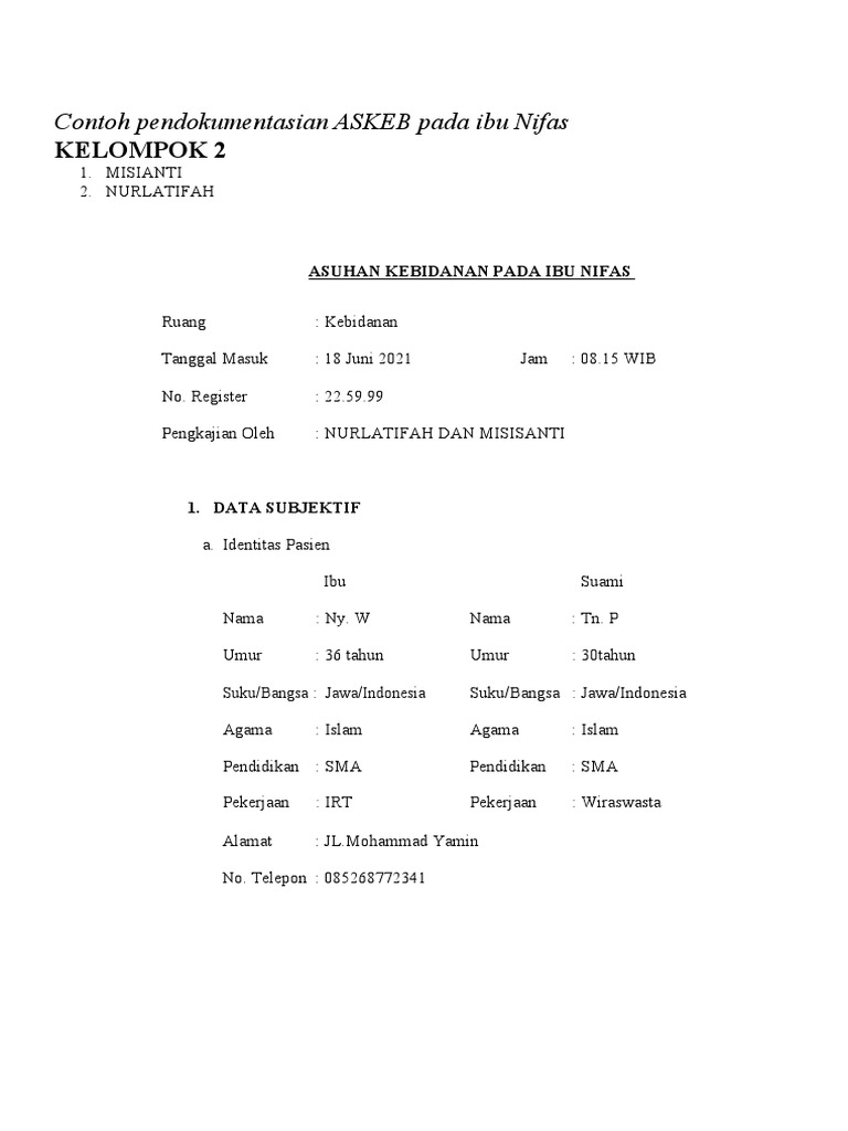 Contoh Pendokumentasian ASKEB Pada Ibu Nifas | PDF