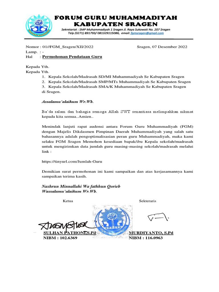 Surat Pendataan Guru | PDF