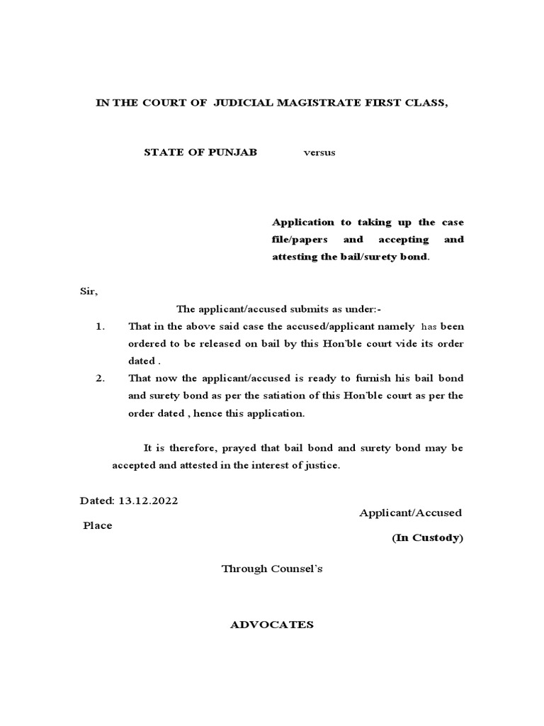 Format Application For Accepting & Attesting Bail Bond | PDF
