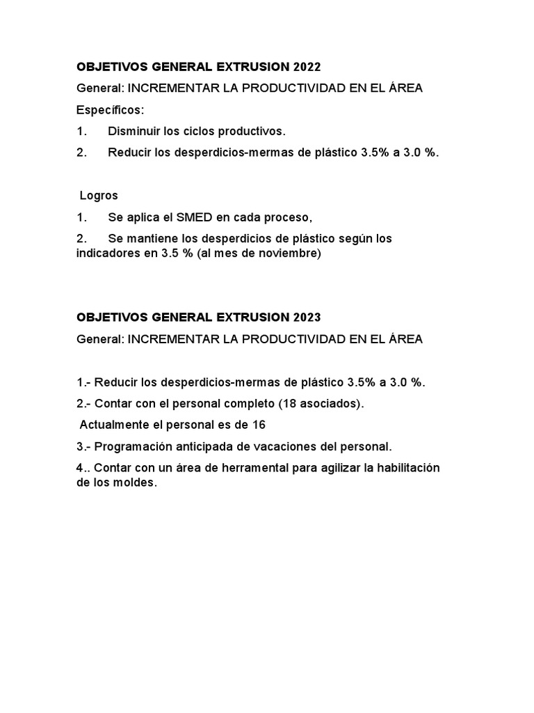 Objetivos General Extrusion 2022 | PDF