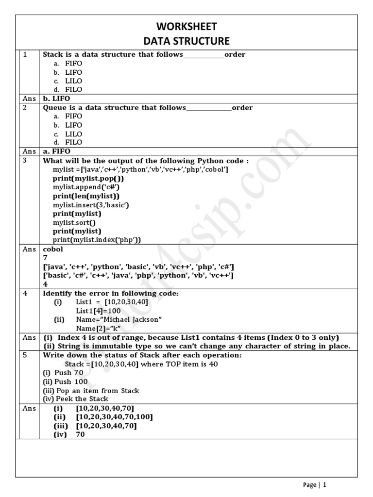 Solution Data Struture Worksheet Pdf Queue Abstract Data Type Information Technology 5785