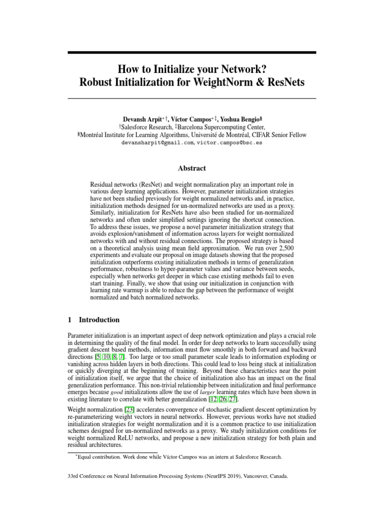 NeurIPS 2019 How To Initialize Your Network Robust Initialization For Weightnorm Resnets Paper ...