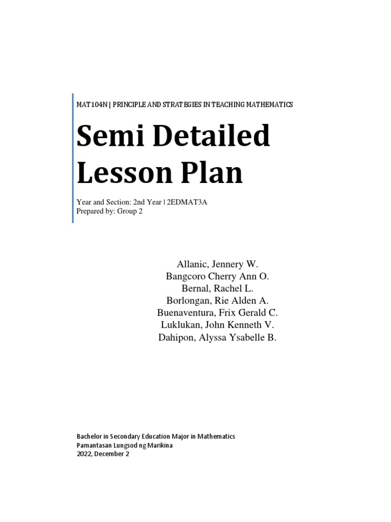 Semi-Detailed Lesson Plan | PDF | Function (Mathematics) | Lesson Plan