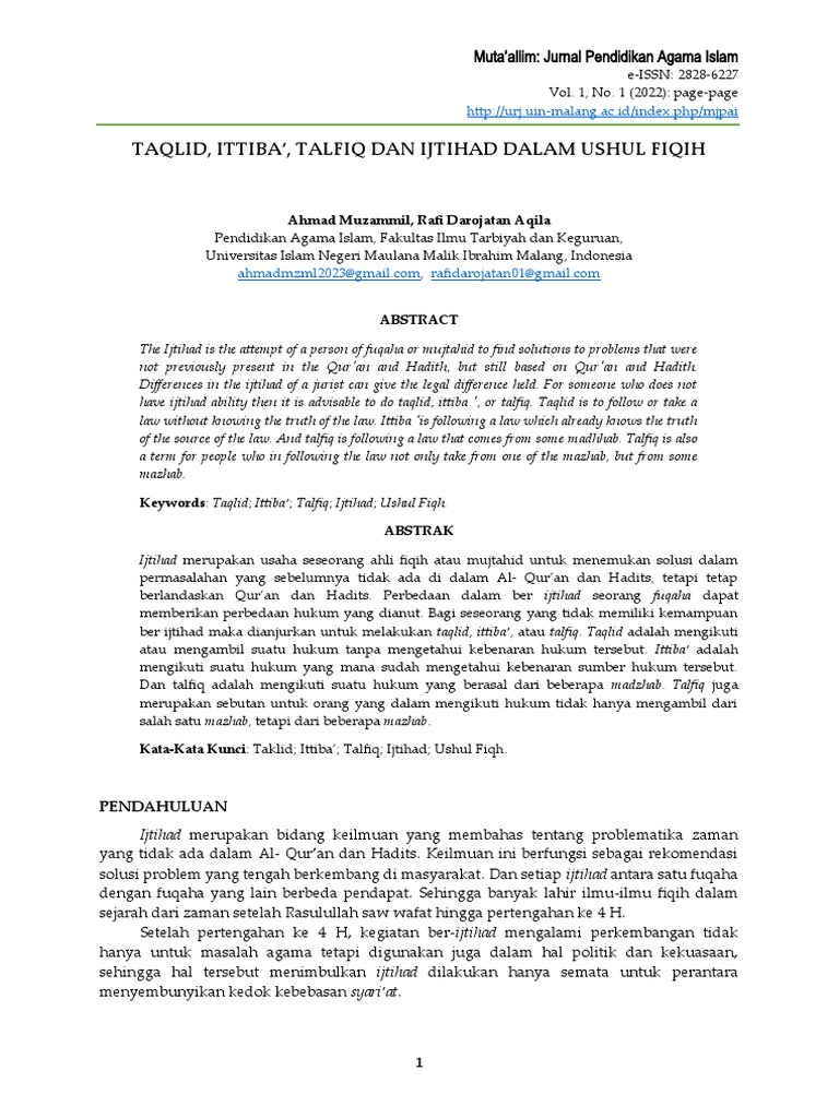 TAQLID, ITTIBA', TALFIQ DAN IJTIHAD DALAM USHUL FIQIH | PDF