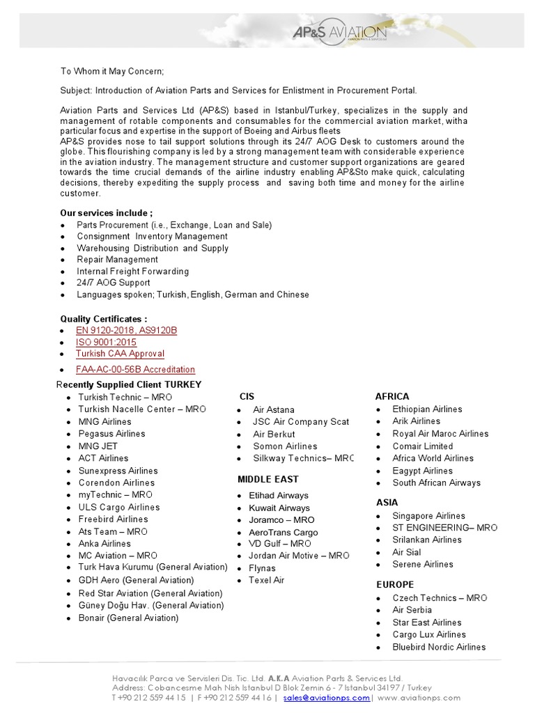 APS Introduction Letter | PDF | Airlines | Aviation