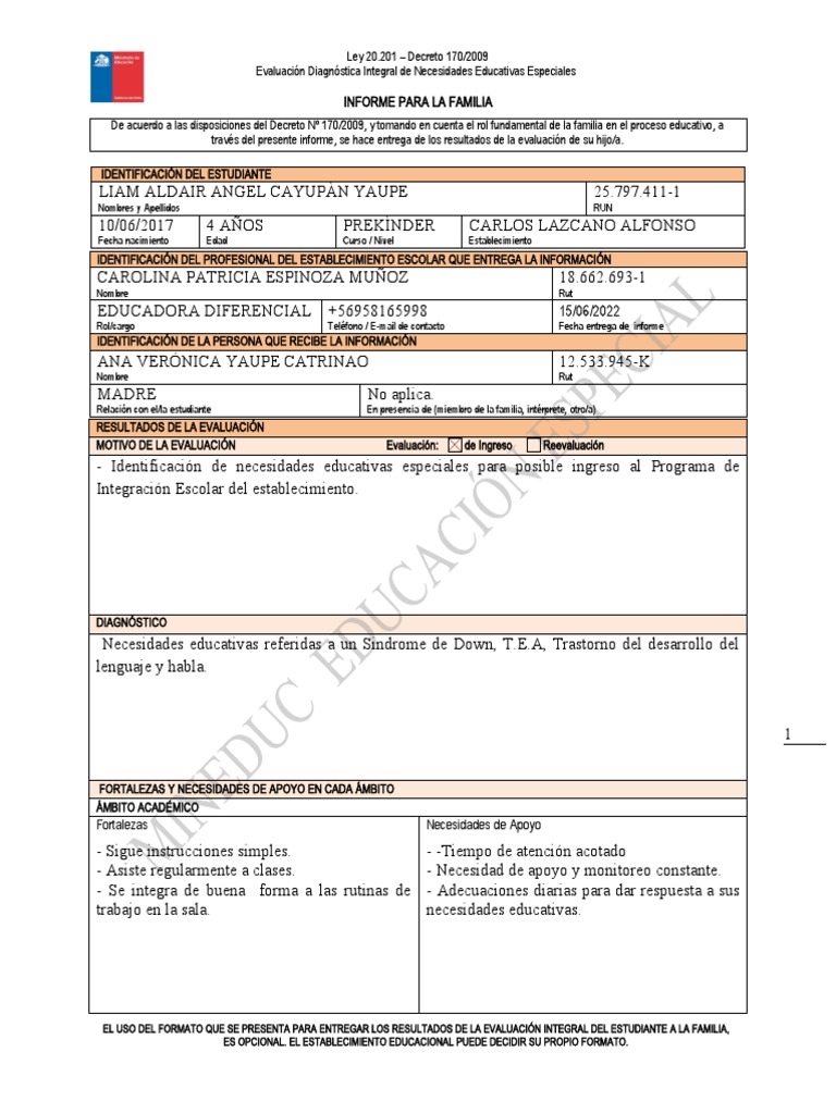 Informe Familia Liam | PDF | Evaluación