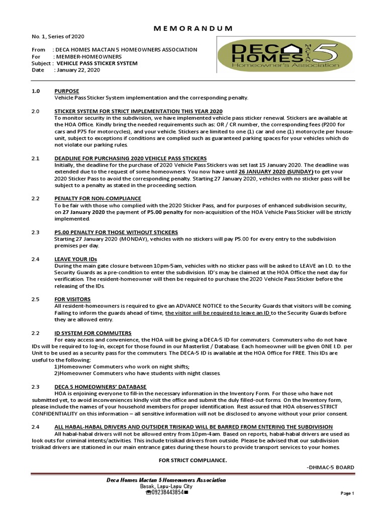 HOA Vehicle Pass Sticker System 2020 | PDF | Identity Document | Justice