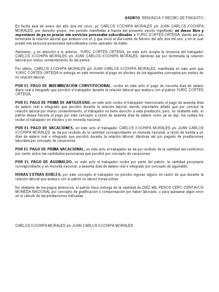 Carta Renuncia y Recibo de Finiquito Asunto Yuric | PDF | Salario Carta Renuncia y Recibo de Finiquito Asunto Yuric | PDF | Salario