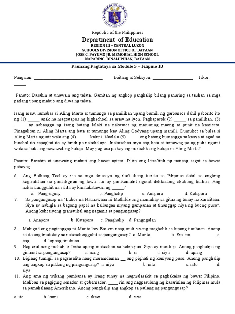 Panimulang Pagtataya Sa Filipino 10 | PDF