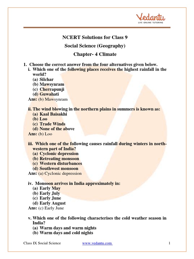 Class 9 Social Science Contemporary India Chapter 4 - Climate | PDF | Monsoon | Precipitation