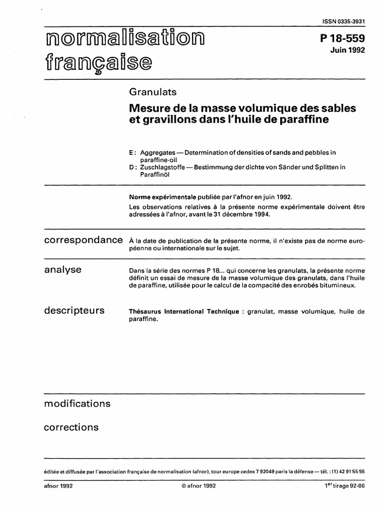 NF p18-559 Masse Specif Huile de Parafine | PDF