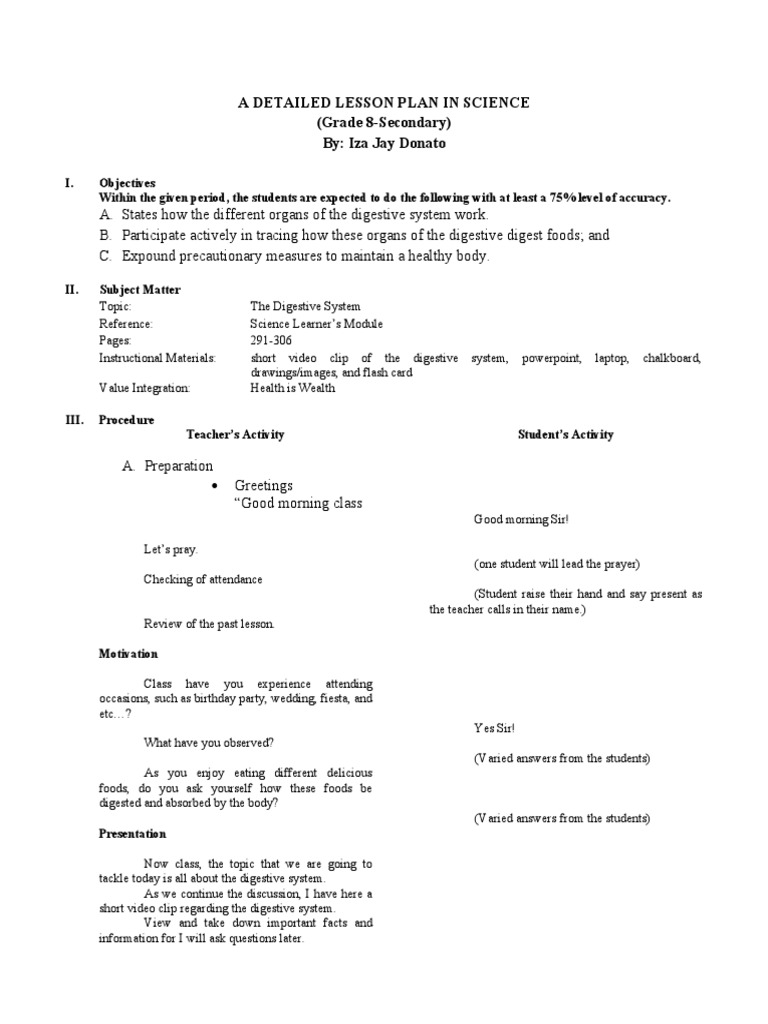 A Detailed Lesson Plan in Science | PDF | Digestion | Human Digestive ...