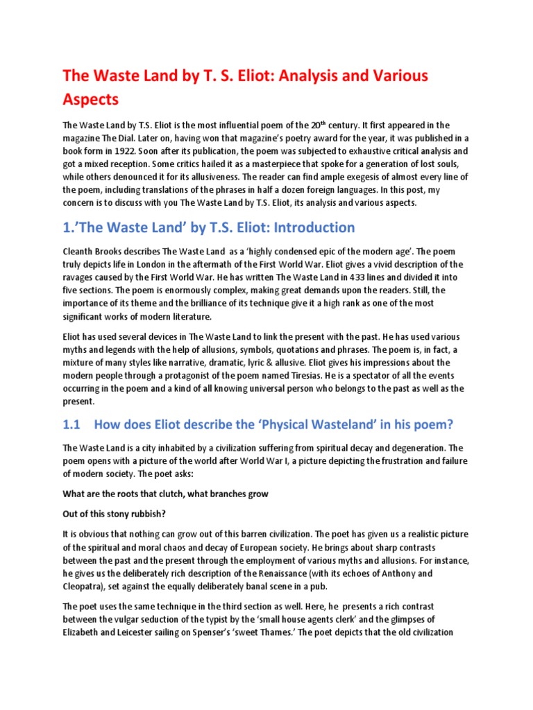 The Waste Land by T. S. Eliot Analysis and Various Aspects | PDF | T. S ...