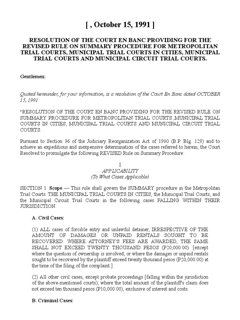 Revised Rule On Summary Procedure 1991 | PDF | Complaint | Affidavit
