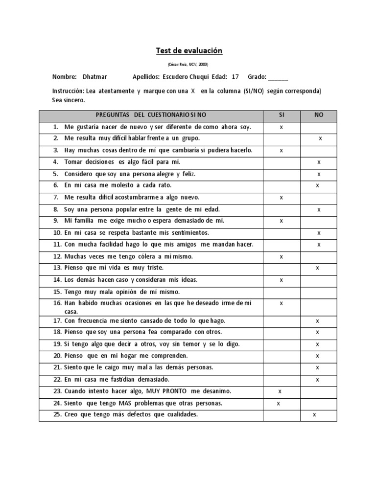 Test de Autoestima para Personas | PDF