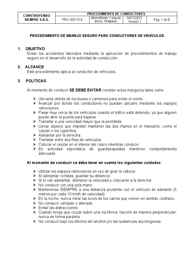 Procedimiento de Manejo Seguro para Conductores Veiculos y Motos | PDF ...