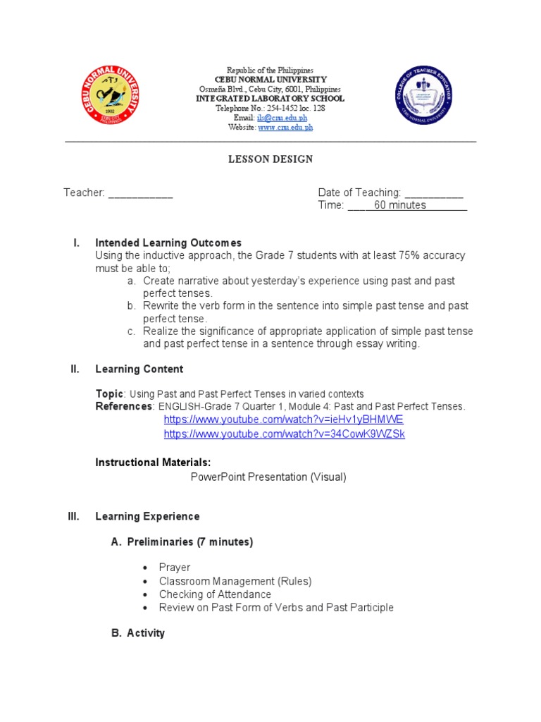 Inductive Lesson Plan Group 3 FINAL | PDF | Grammatical Tense | Perfect (Grammar)