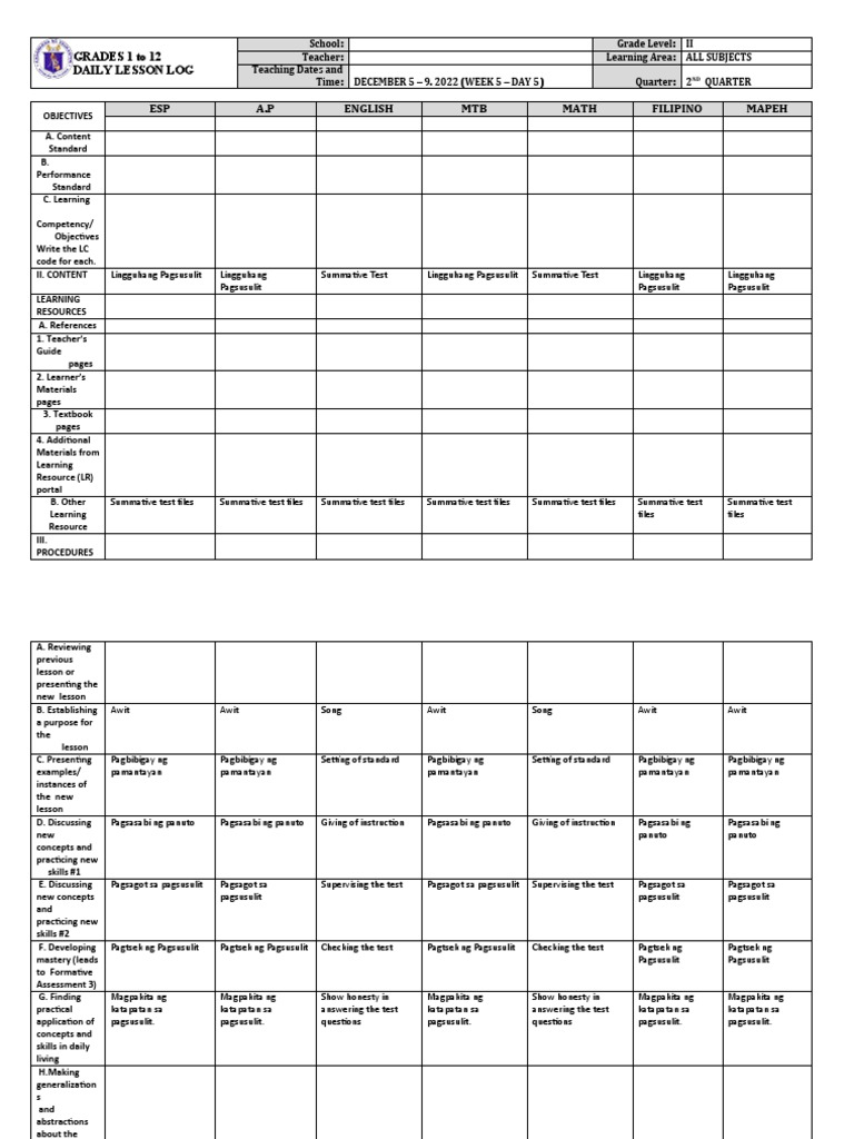 DLL All Subjects 2 q2 w5 d5 | PDF