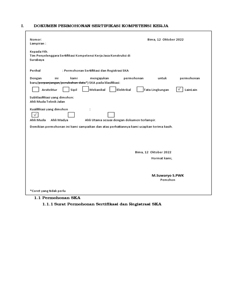 Dokumen Permohonan Sertifikasi Kompetensi Kerja-1 | PDF