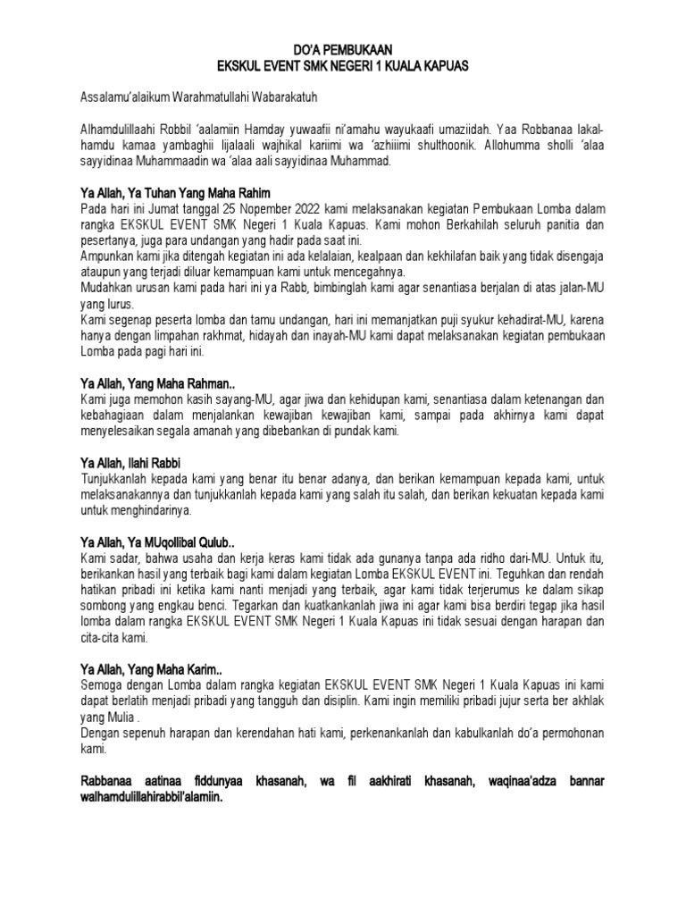 Doa Pembukaan Ekskul Event SMK 1 Kapuas | PDF | Pengembangan Diri