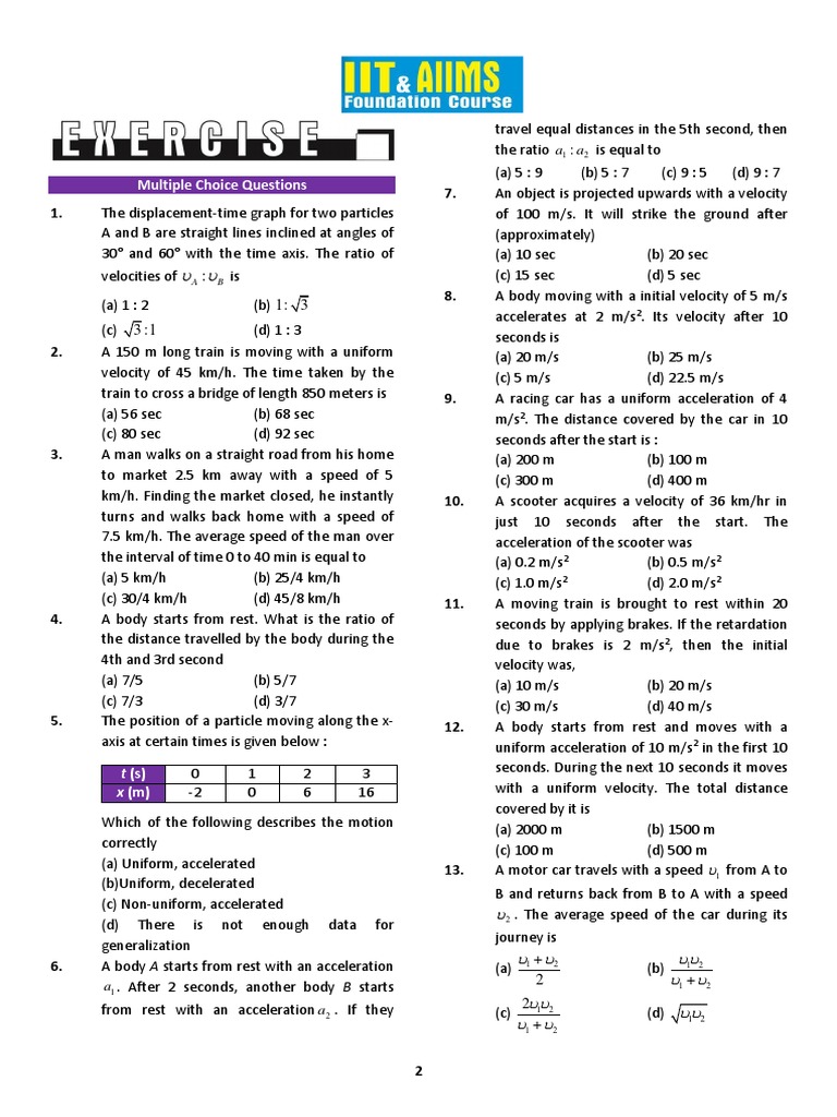 Physics Multiple Choice Questions on Motion | PDF | Acceleration | Velocity