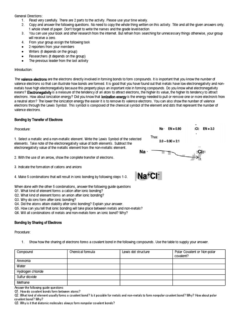 Bonding by Transfer of Electrons Activity | PDF | Chemical Bond ...