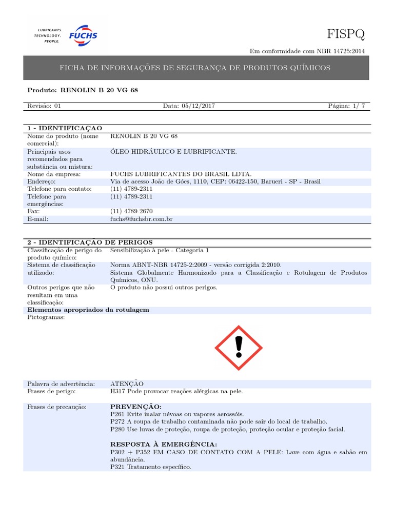 Proteção e Segurança no Manuseio do Óleo Hidráulico RENOLIN B 20 VG 68 ...