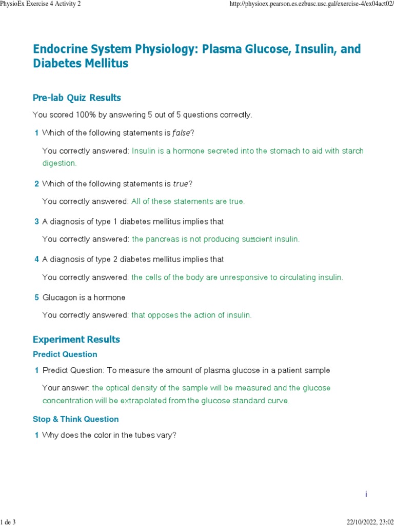 PhysioEx Exercise 4 Activity 2 | PDF | Insulin | Glucose